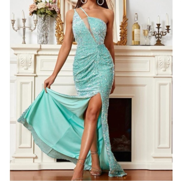 Dresses | Luxe Mint Blue One Shoulder Slit Thigh Detail Party Formal ...